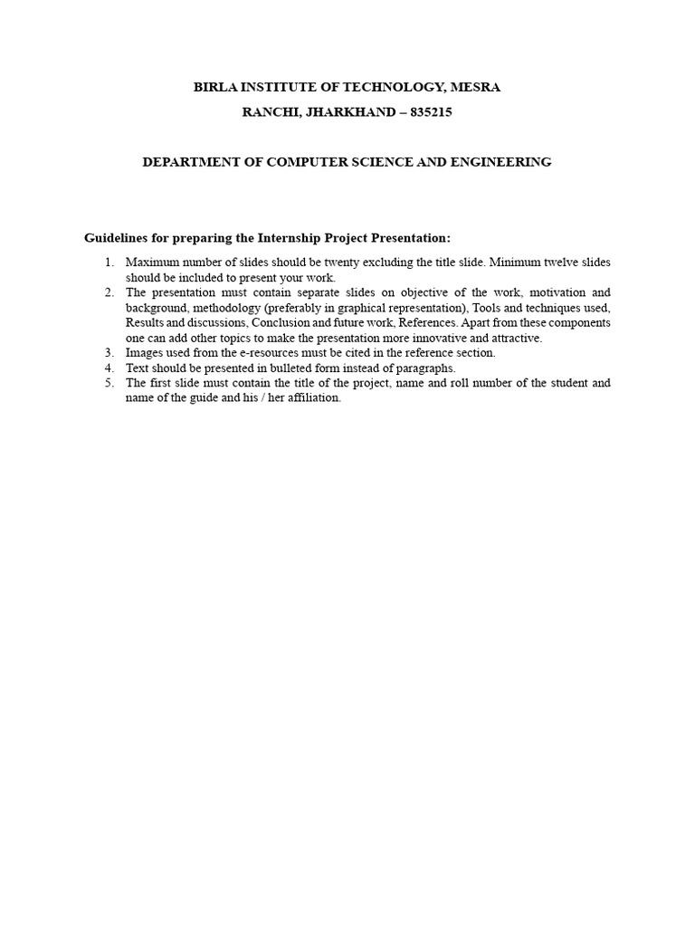 Students Guidelines For Preparing The Internship Project Presentation | PDF