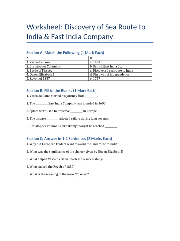 Sea Route India Worksheet | PDF