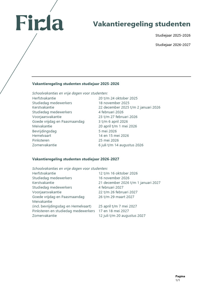 Vakantieregeling Studenten 2025-2026 en 2026-2027 | PDF