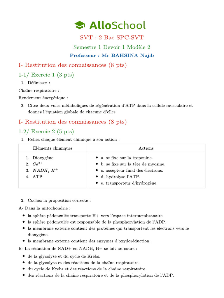 SVT 2bac SPC SVT Semestre 1 Devoir 1 Modele 2 2 | PDF