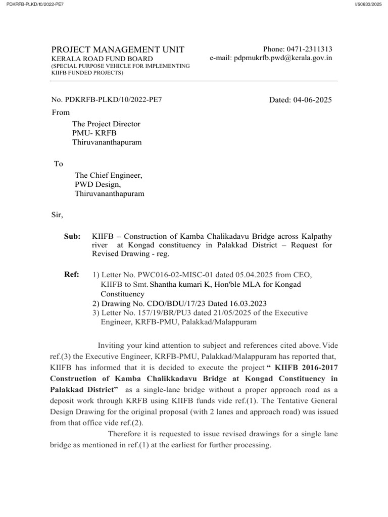 Kamba Chalikadavu Bridge - Letter To CE Design-Request For Revised Drawing | PDF | Kerala ...