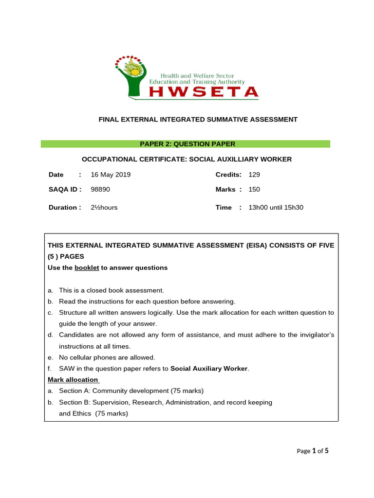 Social Auxiliary Work Assessment Paper | PDF | Social Work