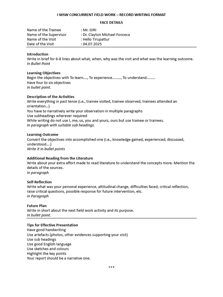 MSW Field Work Report Format Guide | PDF