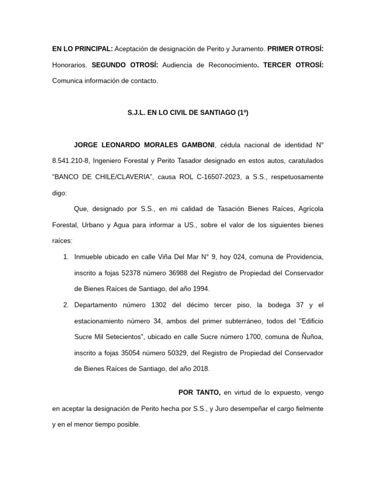 Aceptacion Cargo - Gamboni | PDF | Valoración (Finanzas) | Santiago