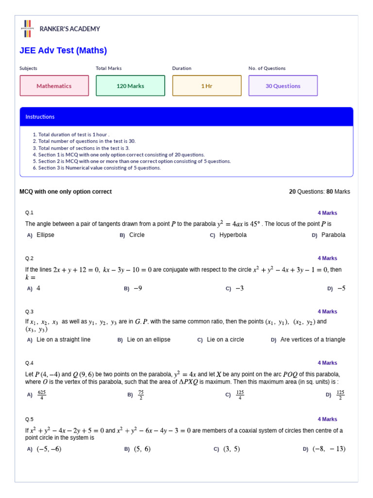 JEE Adv Test (Maths) : Ranker'S Academy | PDF | Ellipse | Perpendicular