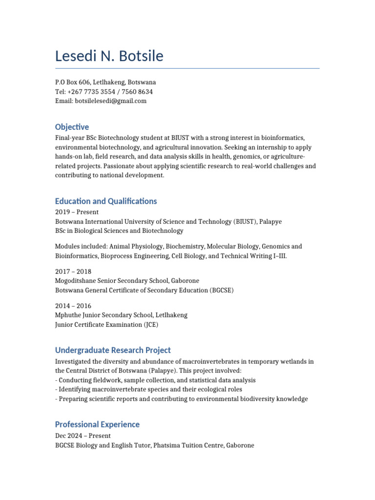 Lesedi Botsile Internship CV | PDF | Genomics | Bioinformatics