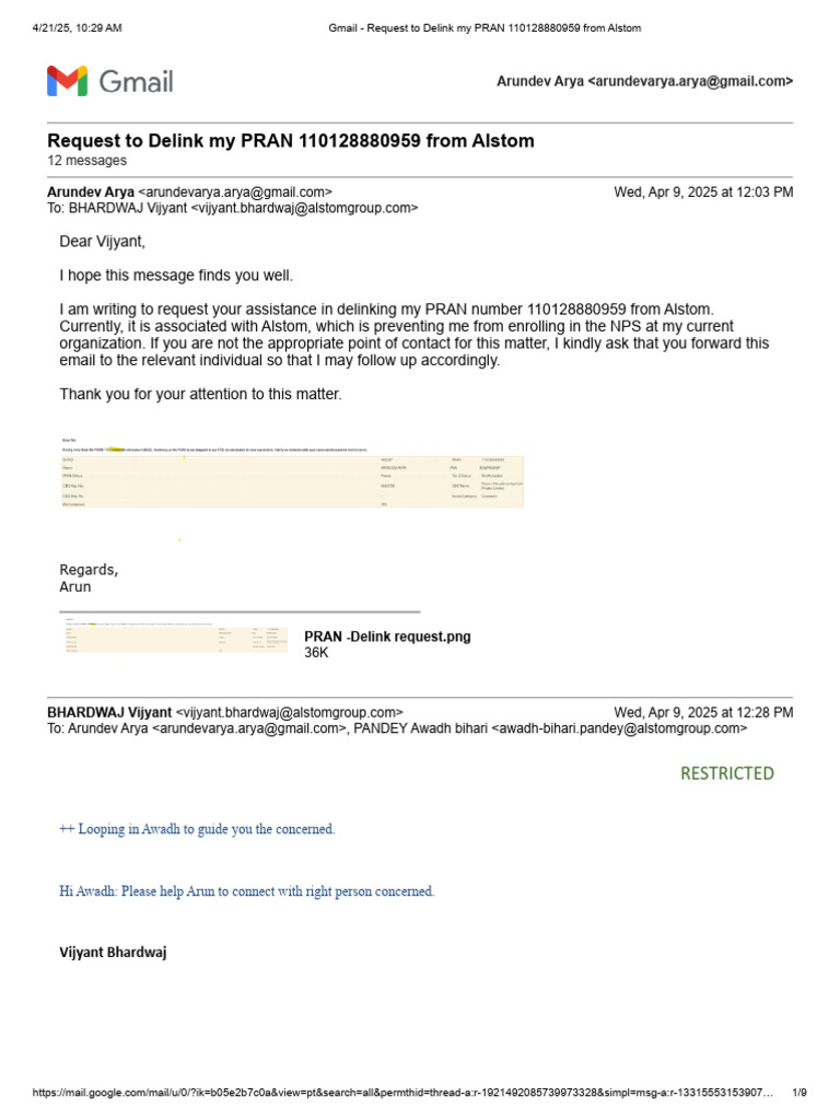 Gmail - Request To Delink My PRAN 110128880959 From Alstom | PDF