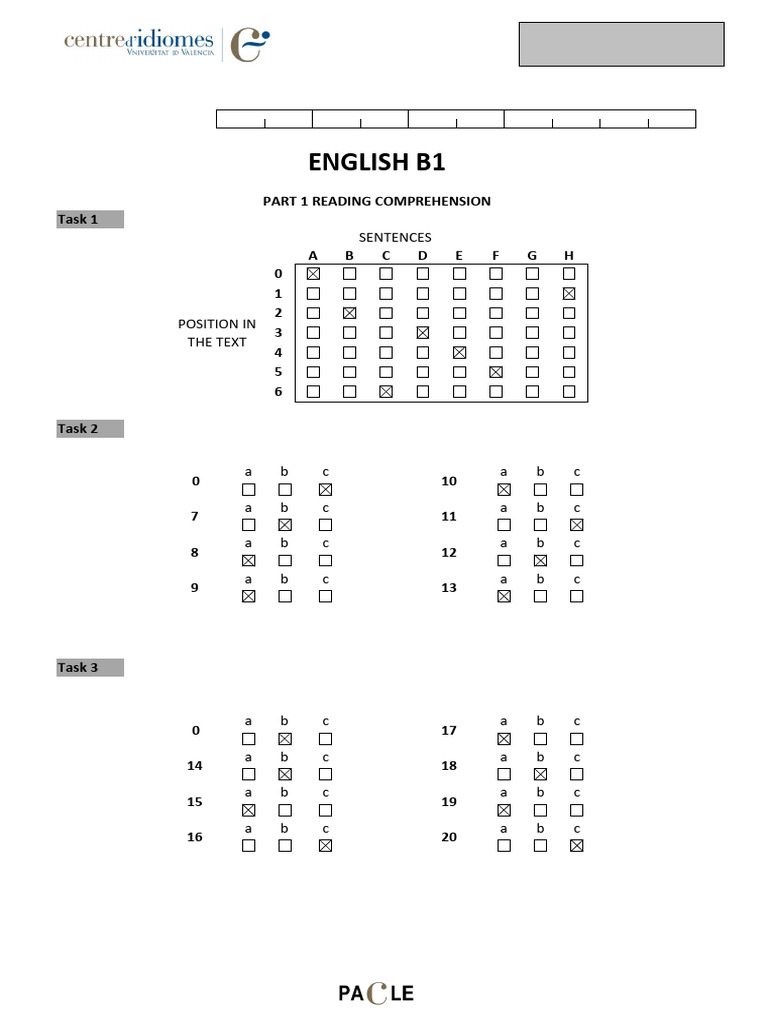 DEF - B1 KEY - Answer Sheet 1 Reading JULY 2020 | PDF