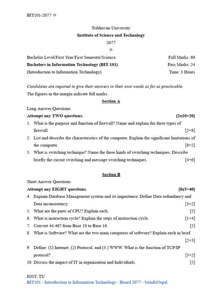 BIT101 - Introduction To Information Technology - Board 2077 - BitinfoNepal | PDF | Computing ...