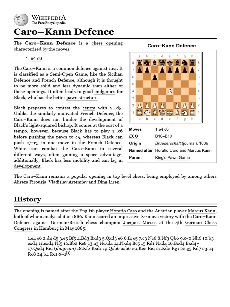 Caro-Kann Defence - Wikipedia | PDF | Chess | Chess Theory