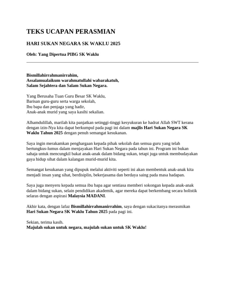 Teks Ucapan Perasmian Hari Sukan Negara 2025 | PDF