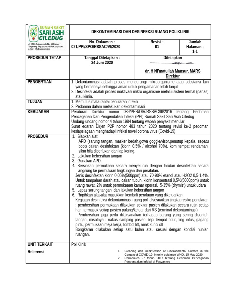 SOP DEkontaminasi Dan Desinfeksi Ruang POLI | PDF