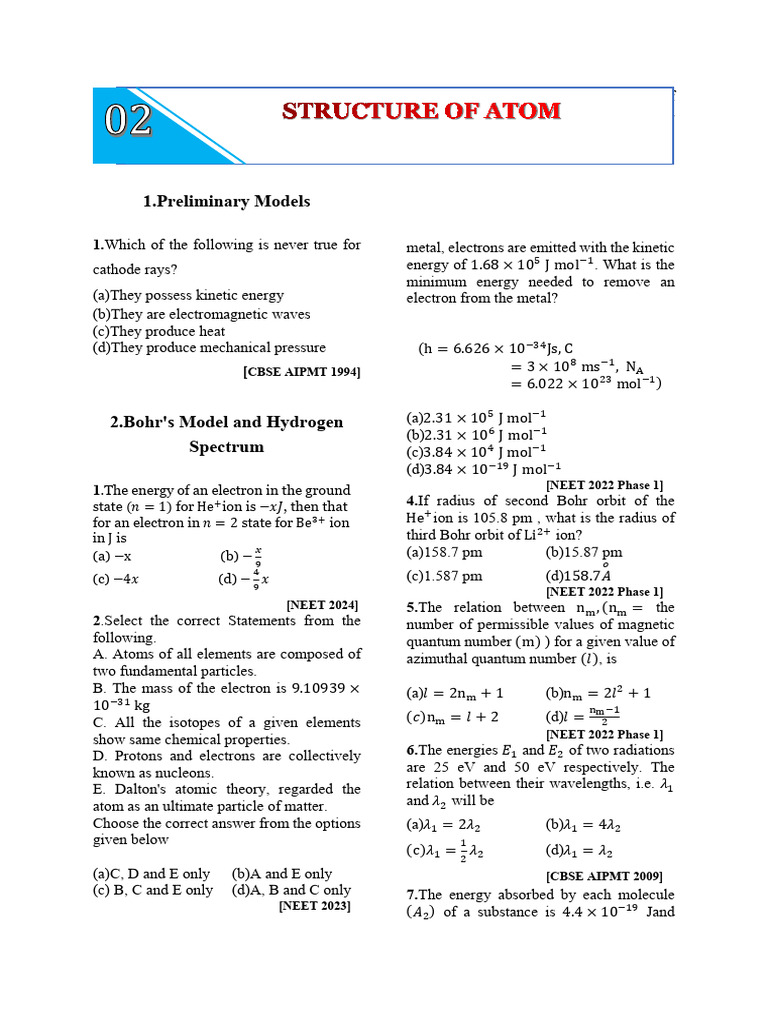 Chapter 02 Structure of Atom Question | PDF | Atomic Orbital | Electron
