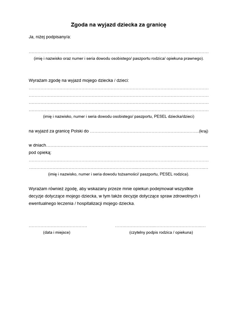 Zgoda Na Wyjazd Dziecka Za Granice Z Rodzicem | PDF