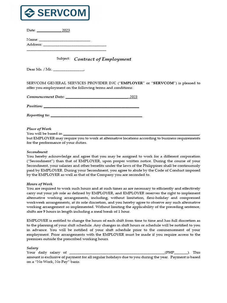 Servcom - Employment Contract | PDF | Employment | Salary