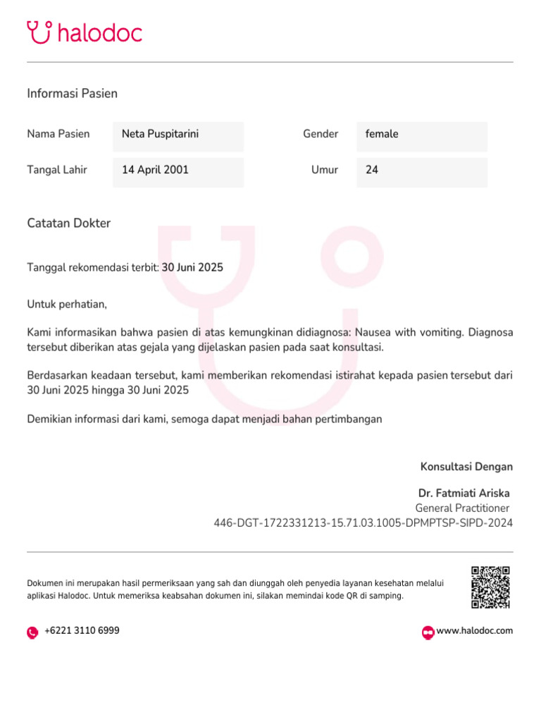 Surat Sakit Neta 30 Juni 2025 | PDF