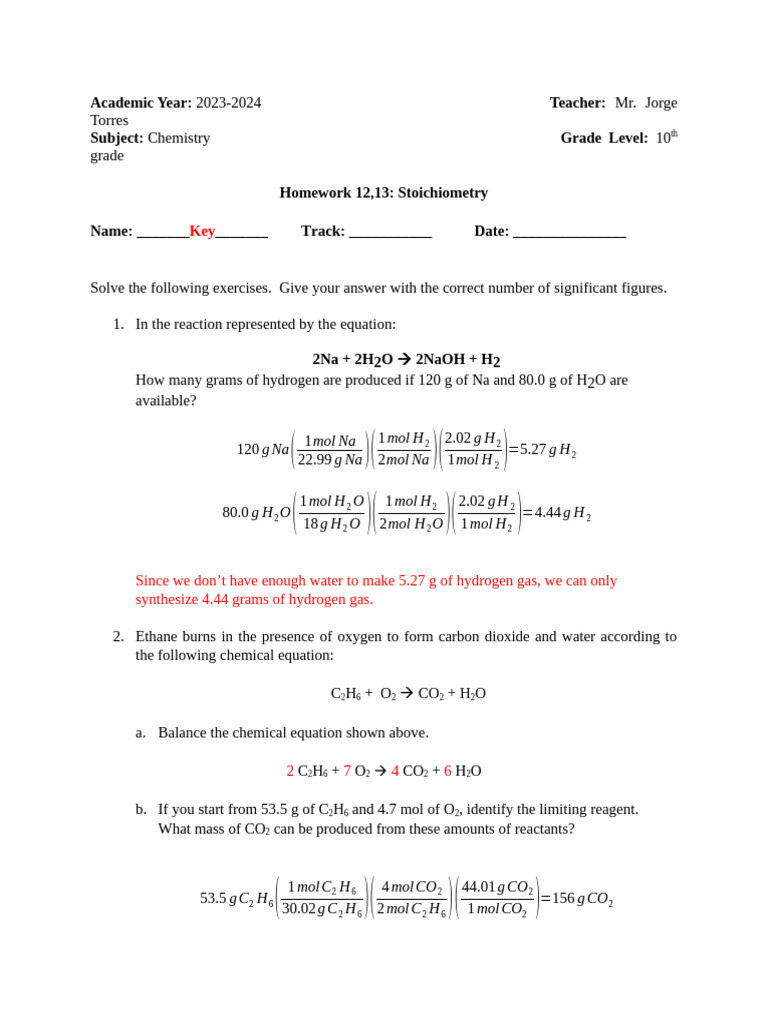 Key Homework 12,13 - Stoichiometry | PDF | Ammonia | Sodium Hydroxide
