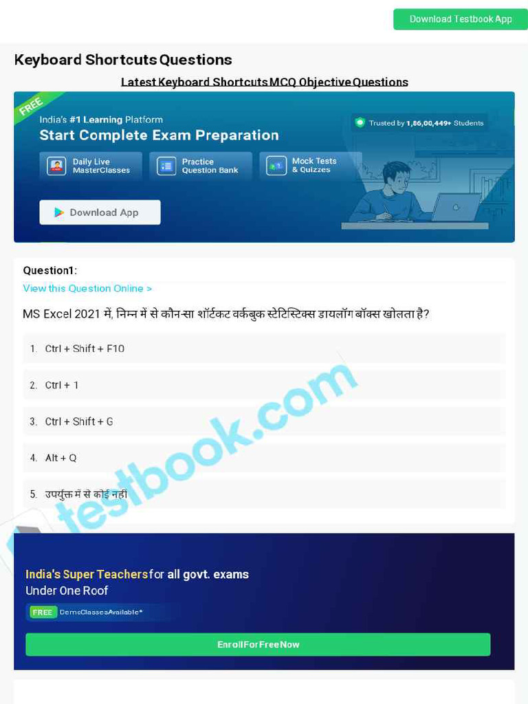 MCQ On Keyboard Shortcuts 5eea6a1639140f30f369f54d | PDF