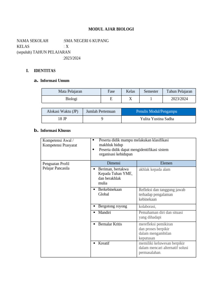 Modul Ajar Biologi Kelas X 2023/2024 | PDF