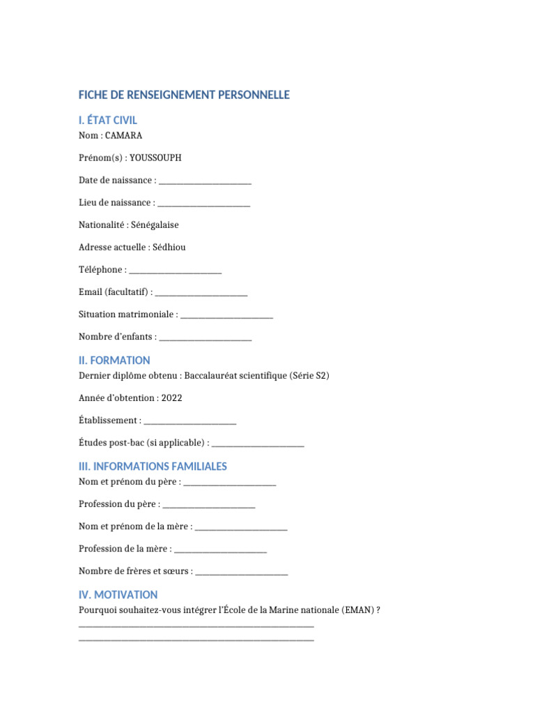 Fiche de renseignement personnelle EMAN | PDF