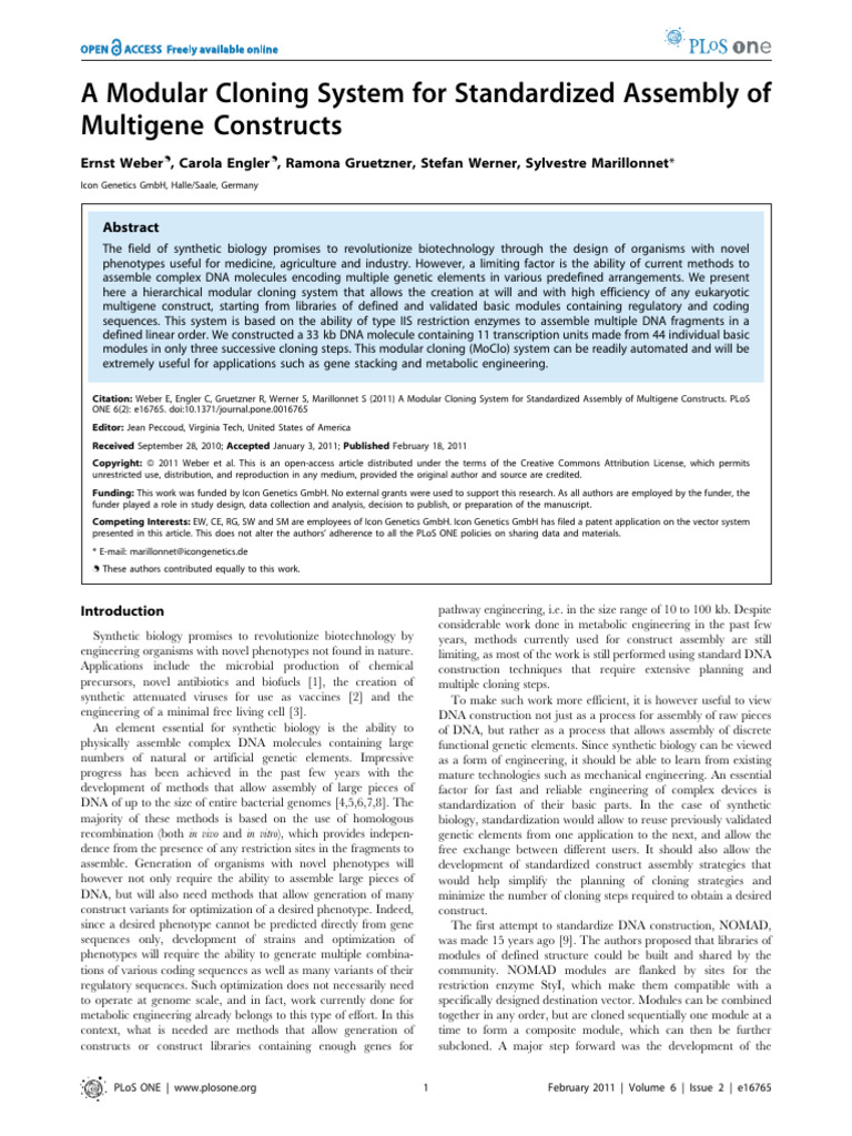 A Modular Cloning System For Standardized Assembly of Multigene ...