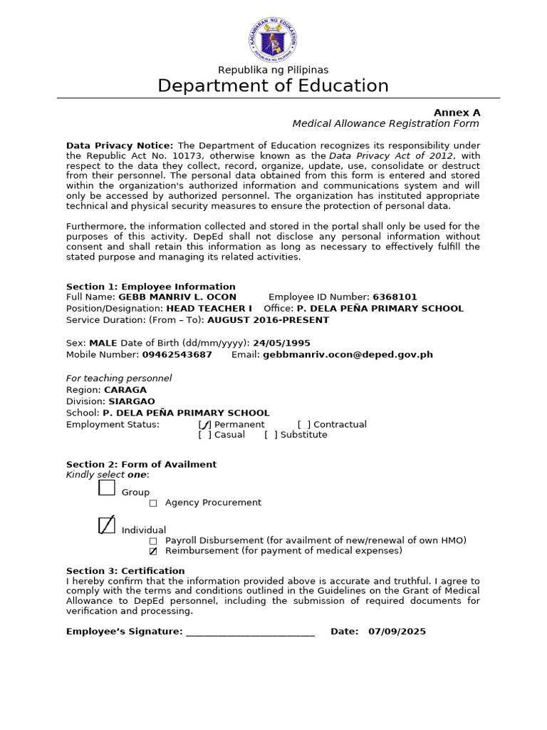 Annex A Medical Allowance Registration Form | PDF