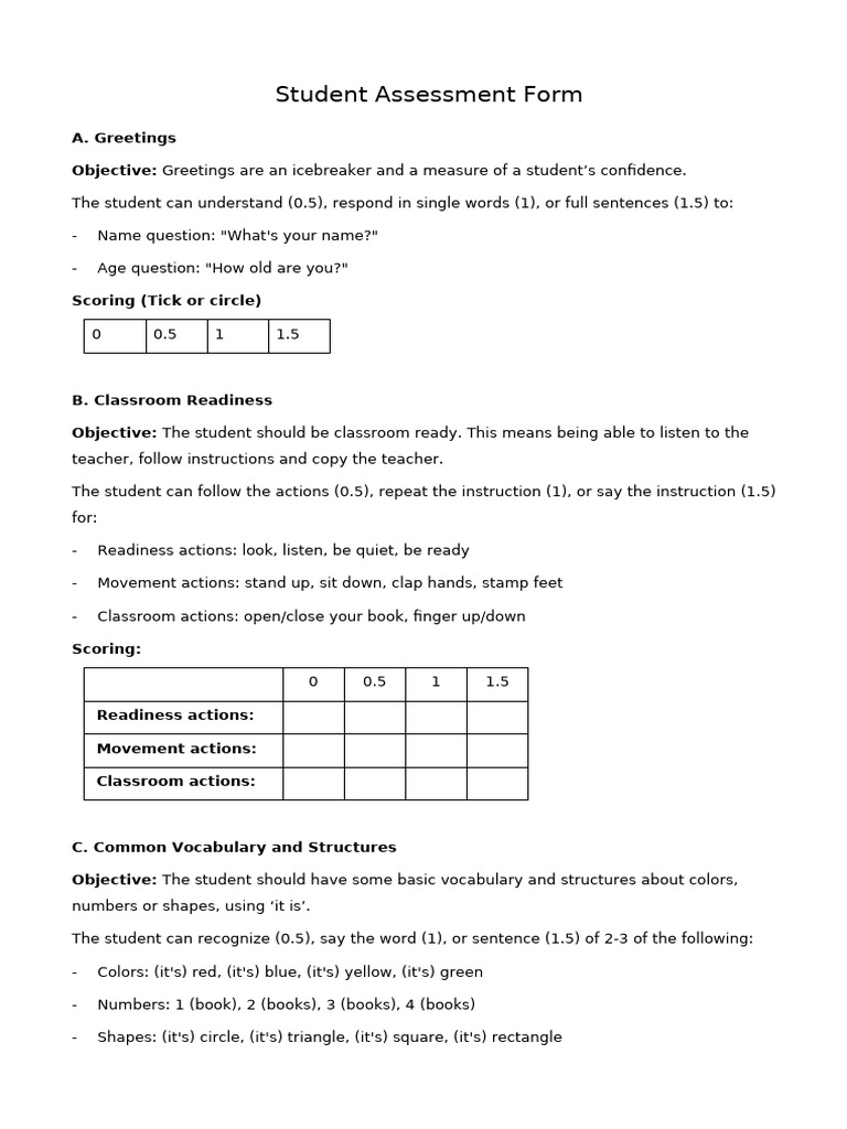 Kindergarten Assessment Form | PDF | Human Communication | Learning