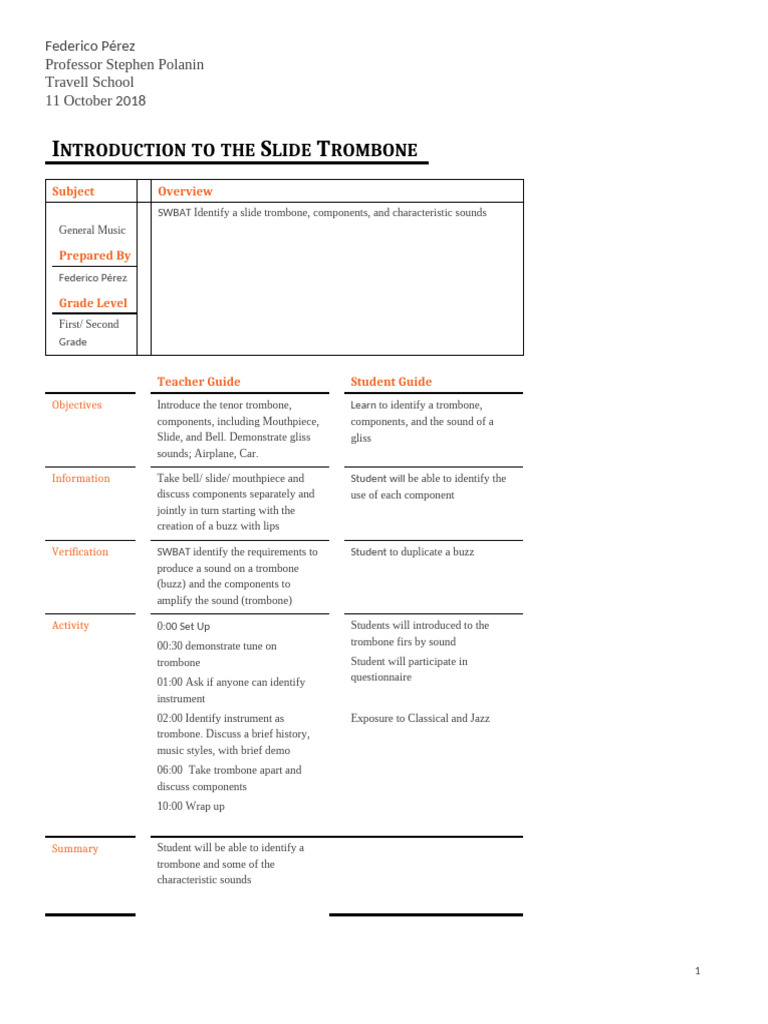 Intro Trombone Lesson Plan | PDF