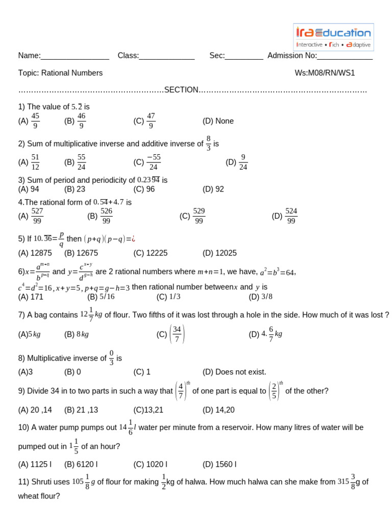 Class 8 Rational Numbers Worksheet | PDF | Mathematics | Complex Analysis