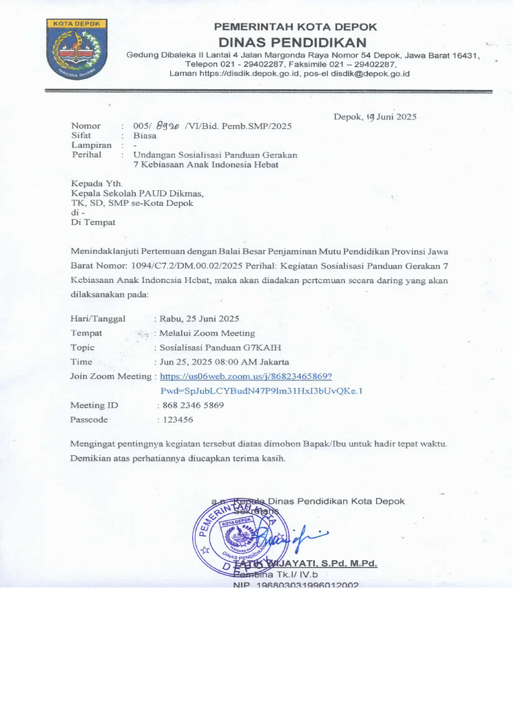 Undangan Sosialisasi 7 KAIH Untuk Kepsek | PDF