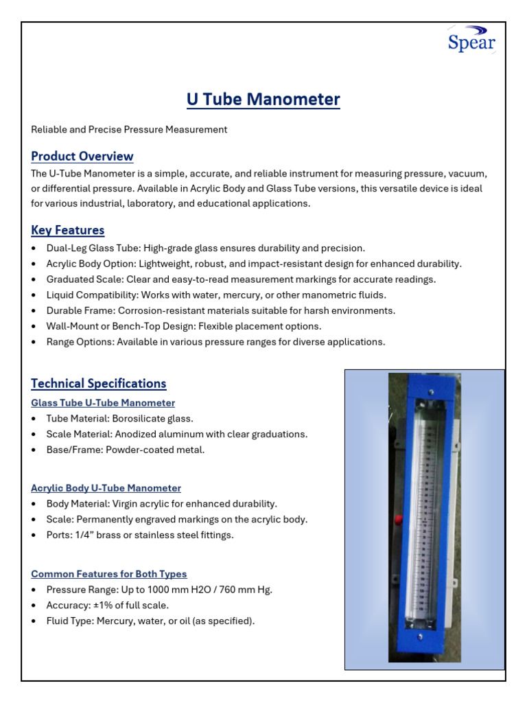Product Leaflet - U Tube Manometer | PDF | Pressure Measurement | Pressure