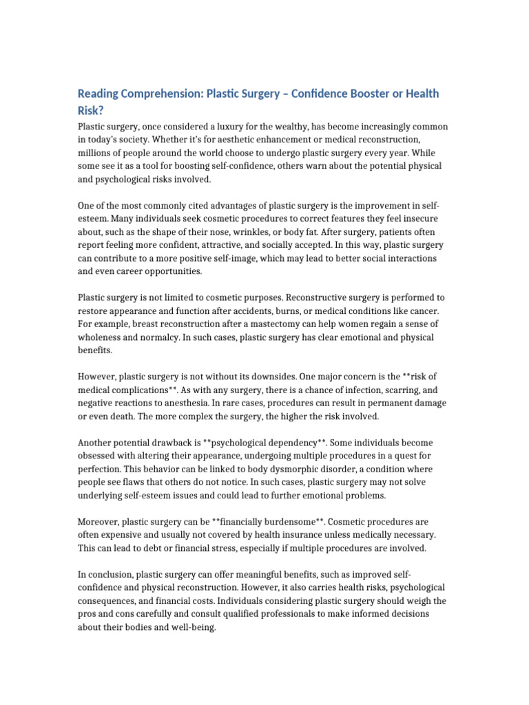 Plastic Surgery Comprehension | PDF | Plastic Surgery | Surgery