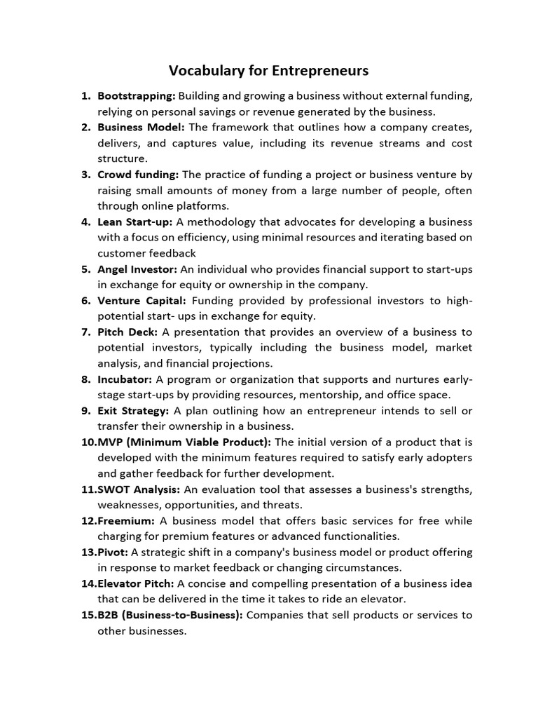 Essential Vocabulary for Entrepreneurs | PDF | Startup Company | Small ...