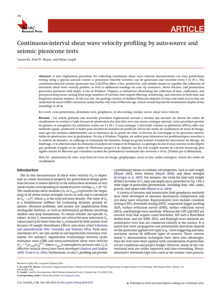 Article: Continuous-Interval Shear Wave Velocity Profiling by Auto-Source and Seismic Piezocone ...