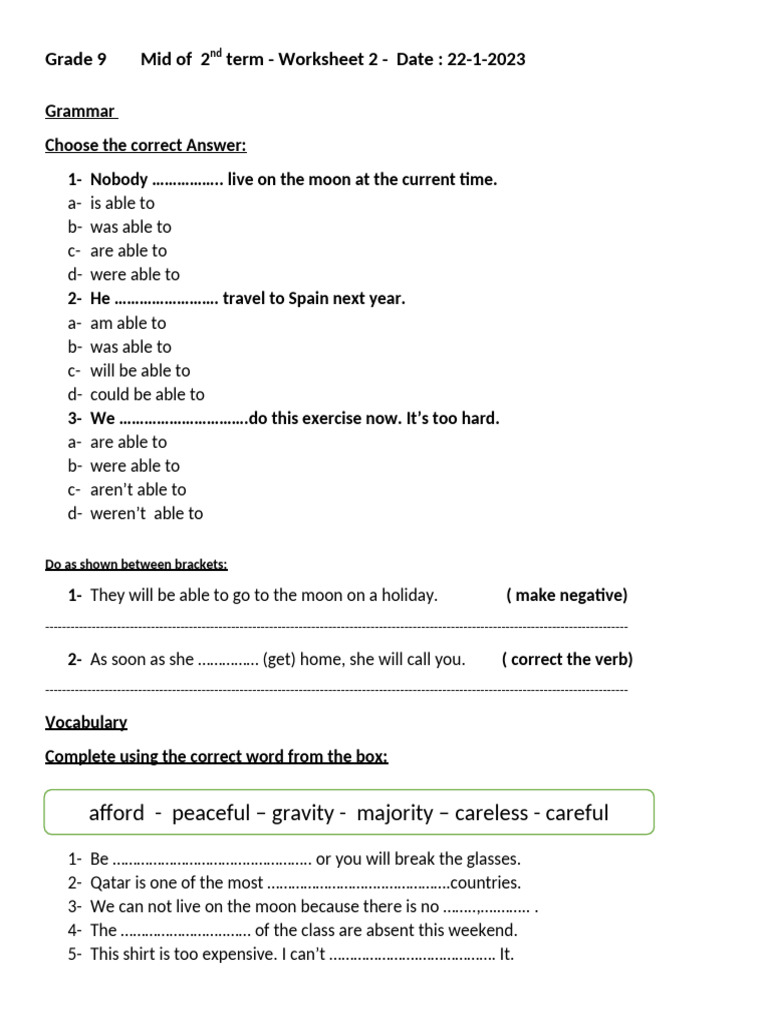 G9 Mid of Term 2 Worksheet 2 - 22 - 1-2023 | PDF