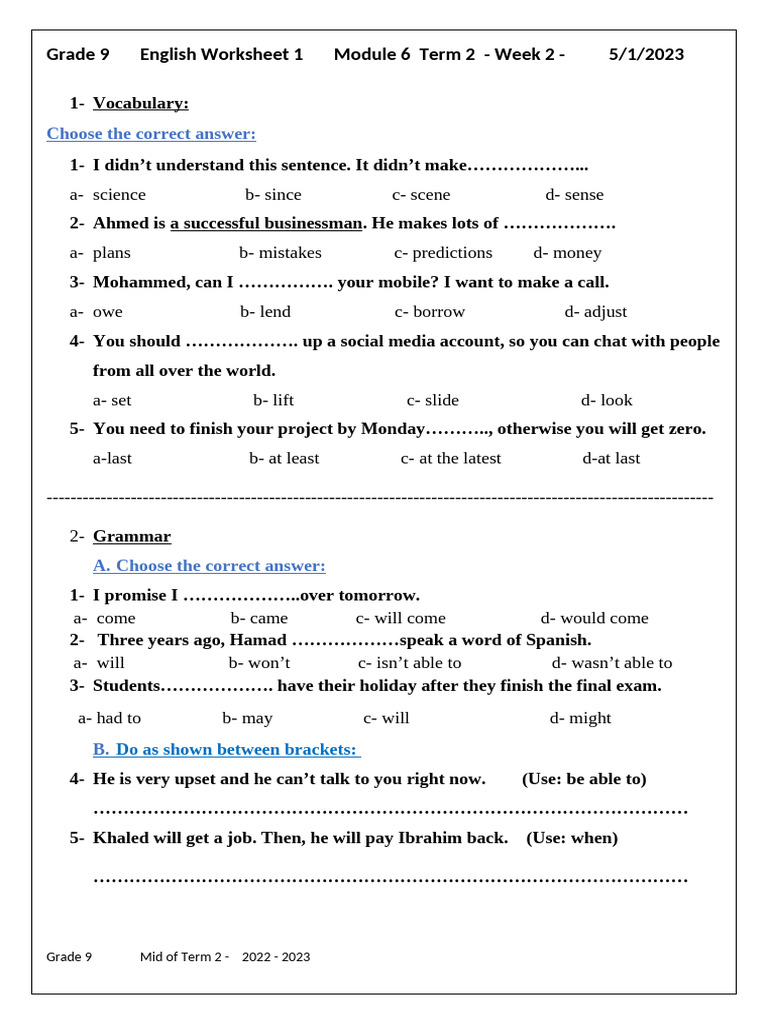 G9 Mid of Term 2 Worksheet 1 - 5 - 1-2023 | PDF