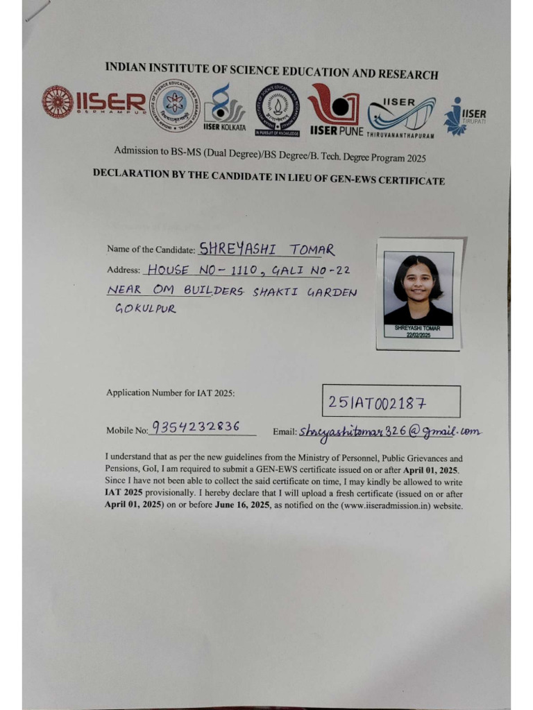 Declaration by Candidate in Lieu of Gen EWS Certificate - Compressed | PDF