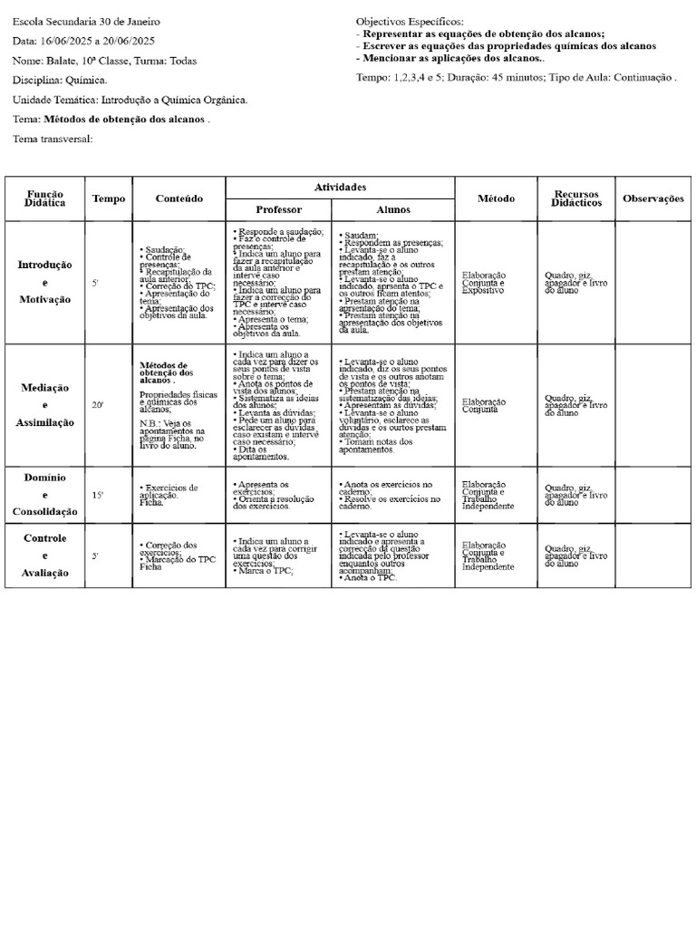 Plano De Aula Sobre Obtencao Dos Alcanos Pdf