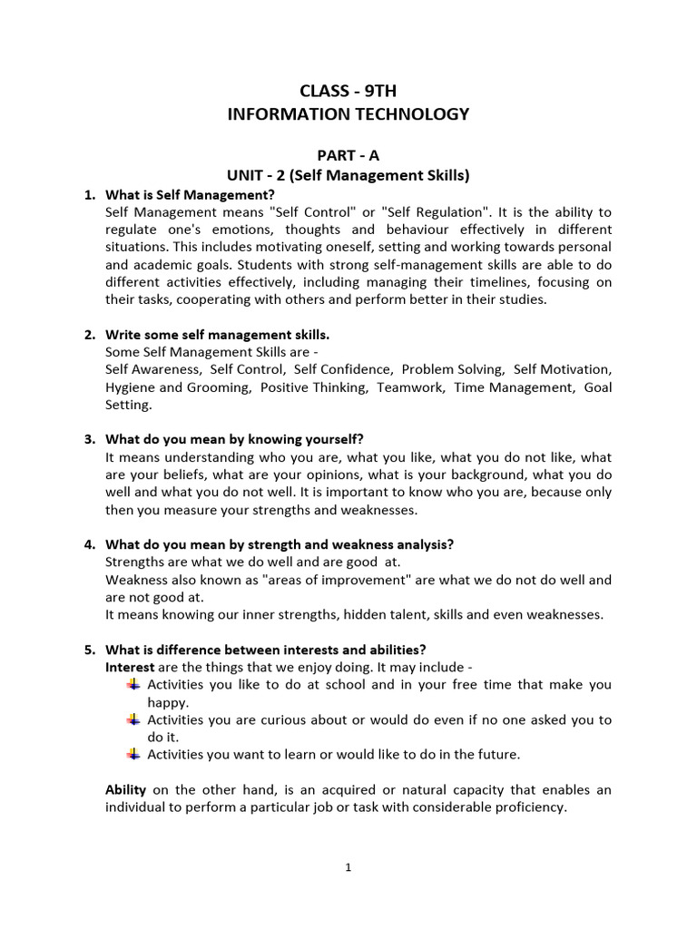 Self Management Skills for Class 9 | PDF | Thought | Cognition