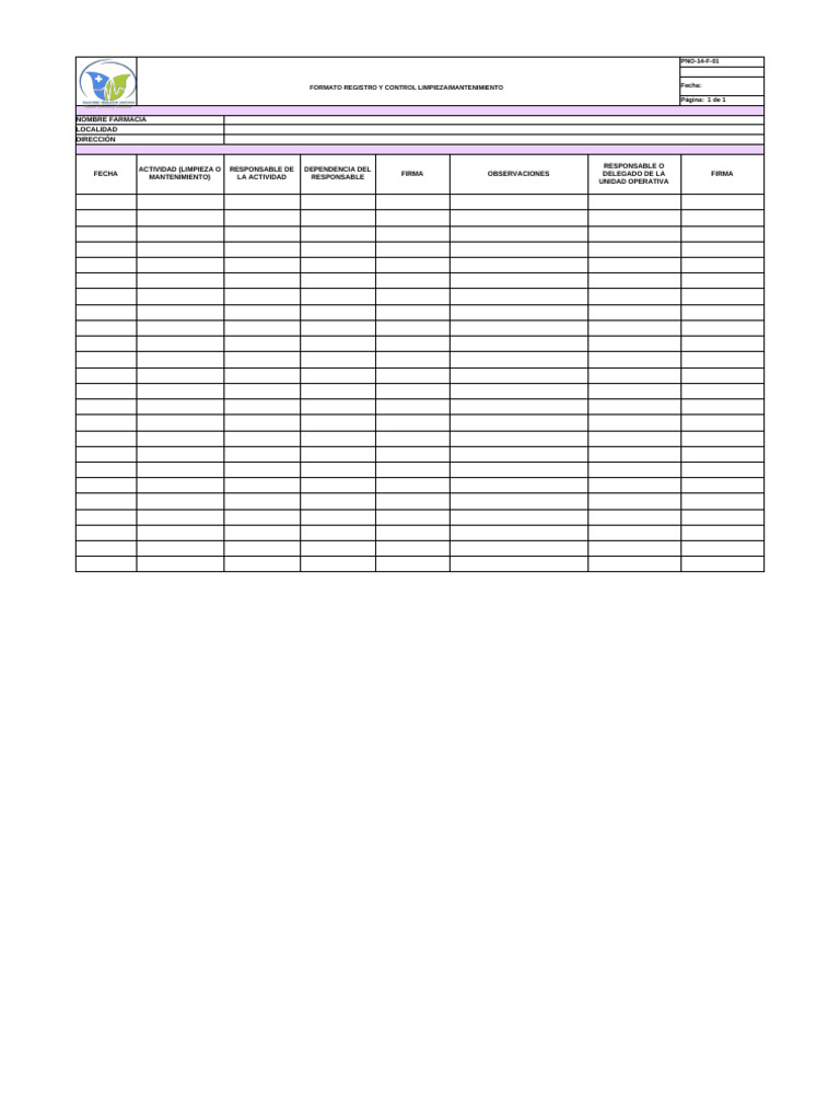 PNO-14-F-01, Formato Registro y Control Limpieza-Mantenimiento | PDF