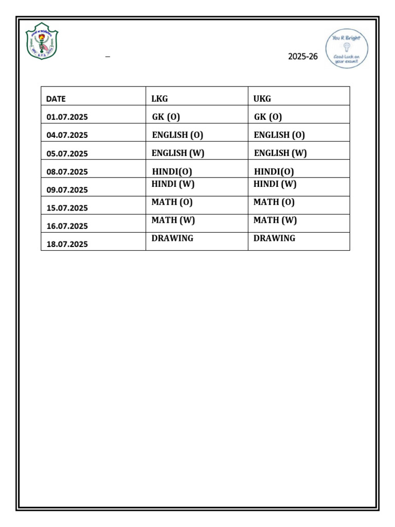 Term - I Examination Date Sheet, Class - LKG, Ukg | PDF