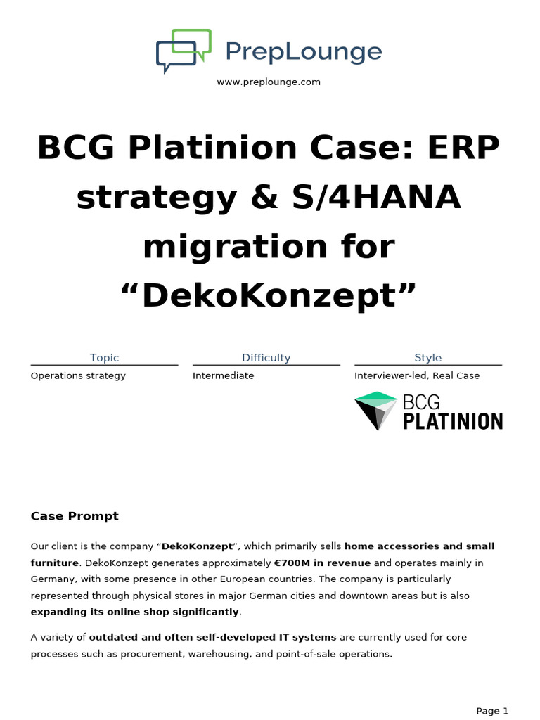 Case - BCG Platinion Case ERP Strategy S4HANA Migration For DekoKonzept ...