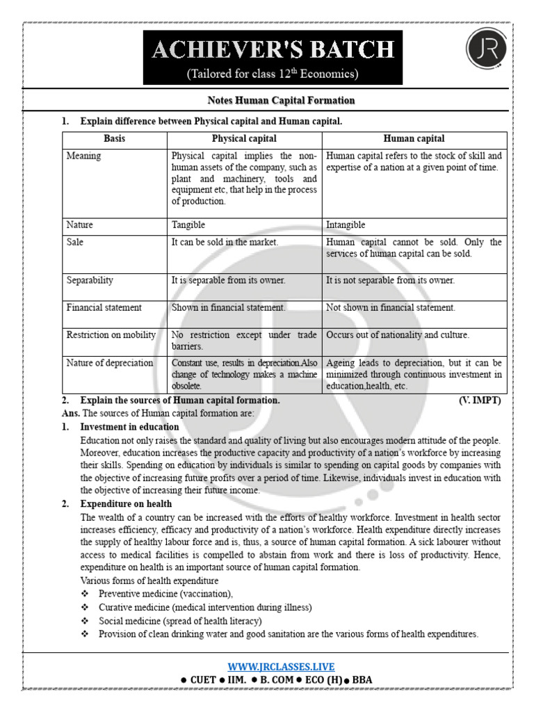 IED Ch-4 Human Capital Formation - Achiever's Batch - Jatin Sir | PDF | Cost Of Living | Human ...