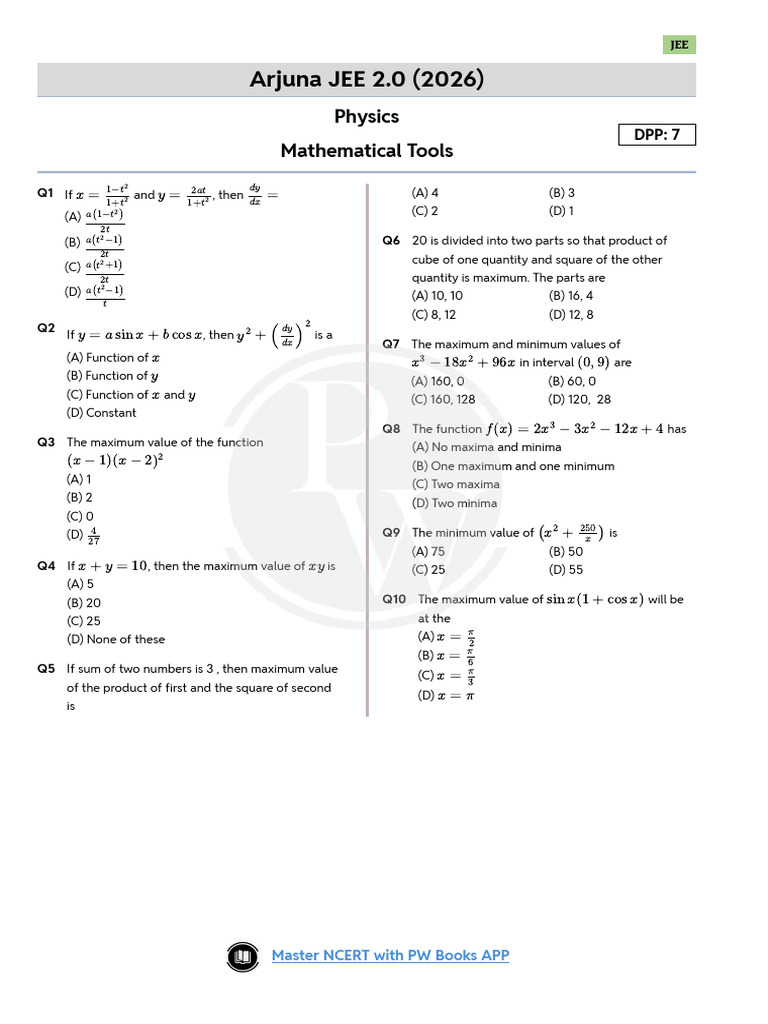 Mathematical Tools: DPP 07 (Of Lec 09) | PDF | Mathematical Relations | Applied Mathematics
