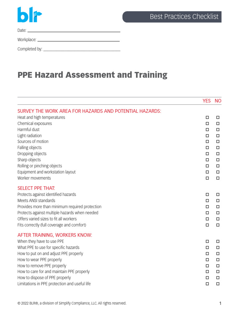 Ppe Hazard Assessment and Training Best Practices Checklist Checklist ...