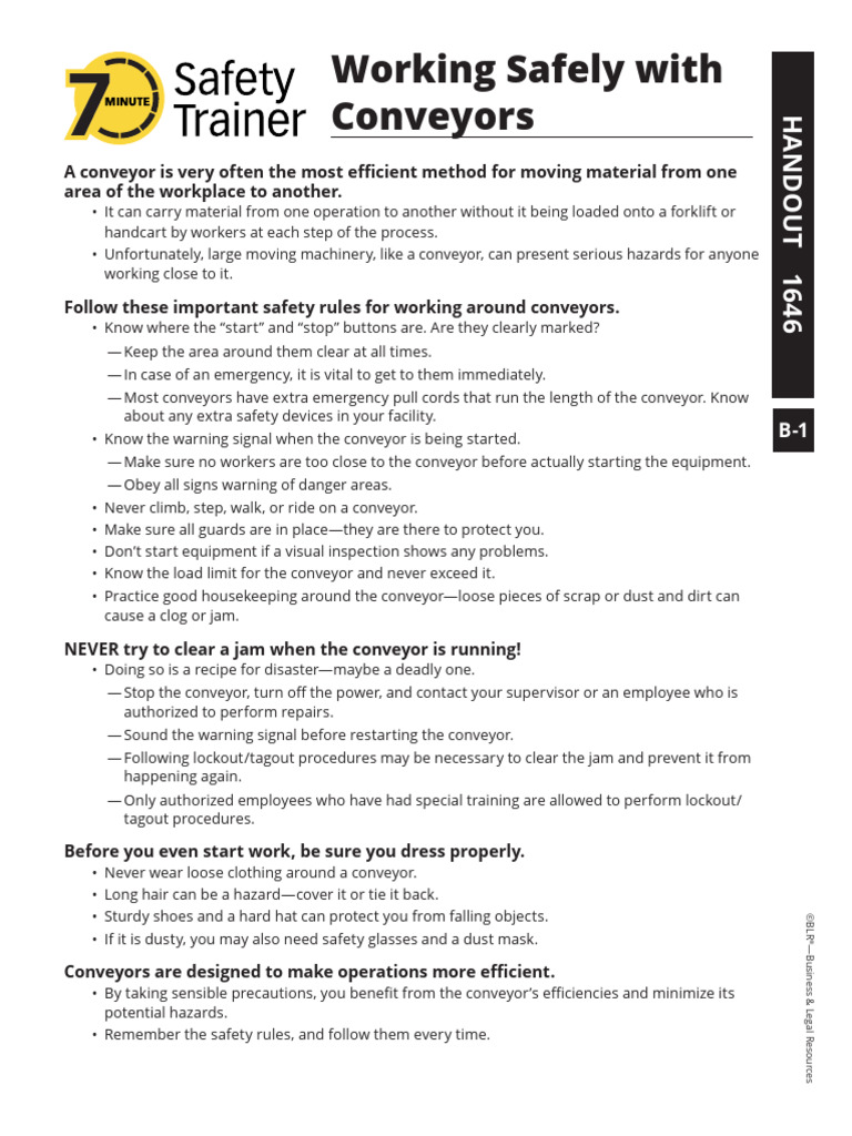 Working Safely With Conveyors 7 Minute Safety Trainer Handout | PDF ...