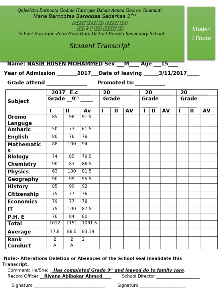 Grade 9 Student Transcript Summary | PDF