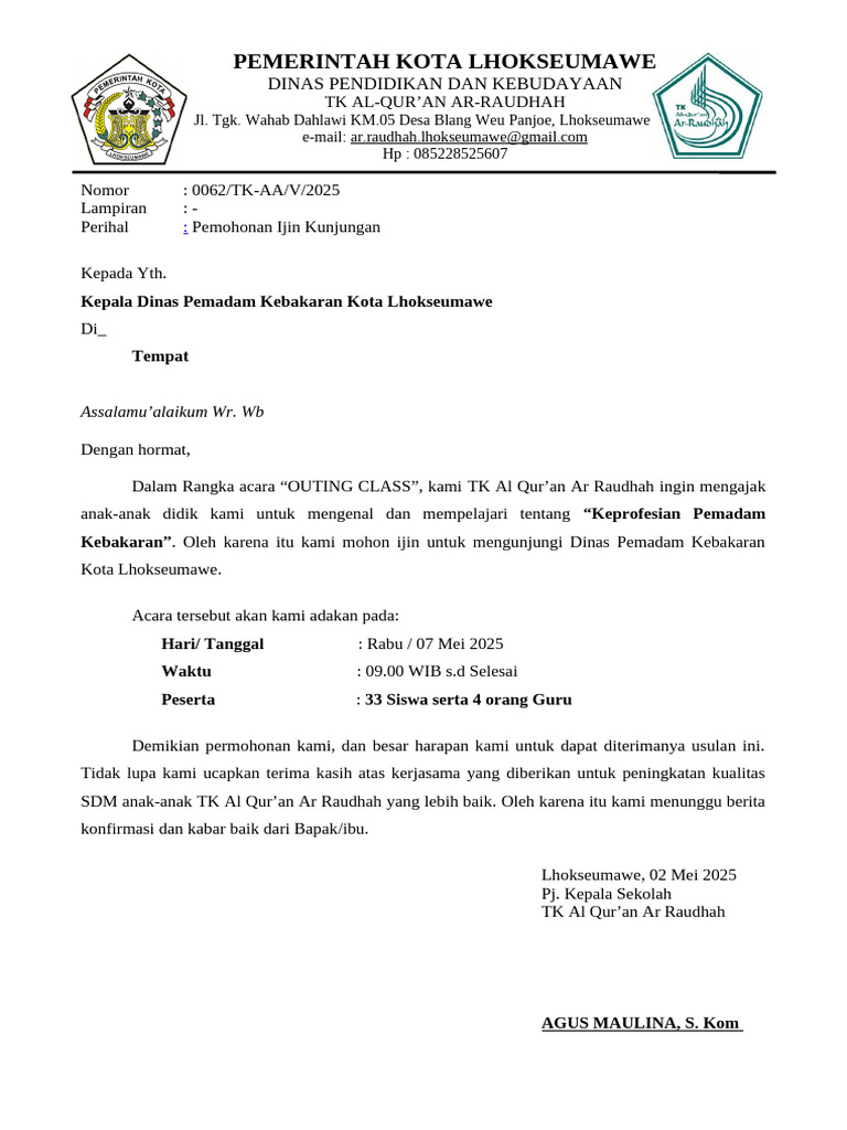 Permohonan Kunjungan Edukasi TK Ar-Raudhah | PDF