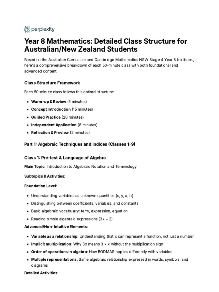 Year 8 Algebra Class Structure Guide | PDF | Multiplication | Algebra