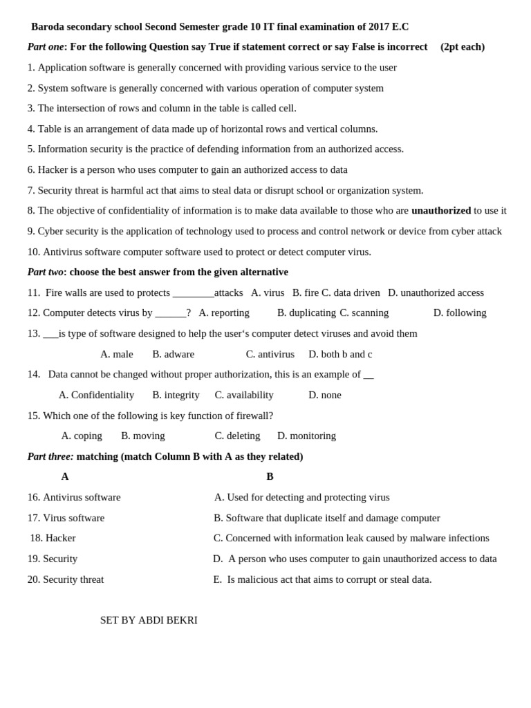 IT Grade 10 Final Exam Edited 2017 | PDF | Computer Virus | Malware